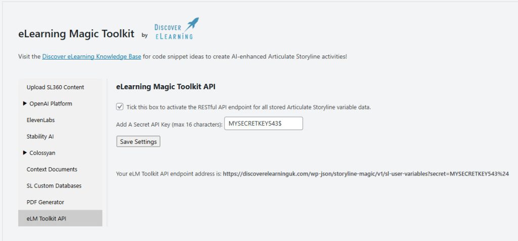 Setting Up The eLM Toolkit API (Settings Screen) – Discover eLearning